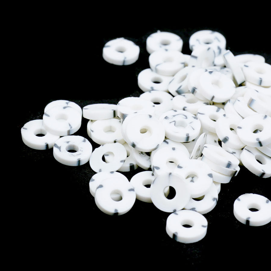 6mm Vinyl/Vulcanite Heishi Beads â€“ White with Black – GoodyBeads